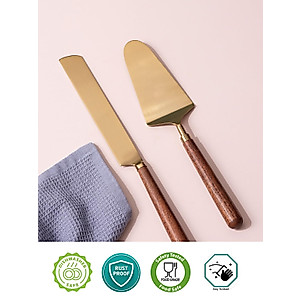 nestroots Cake Cutting Knife Server Serrated Knife Set Of 2 Dessert Server Gold With Mango Wood Handle
