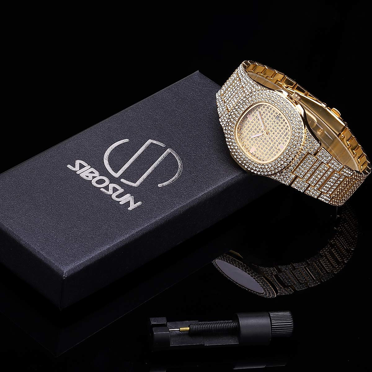 SIBOSUN Lady Women Wrist Watch Gold Stainless Steel Crystal Quartz Dress Bling Bracelet Gold