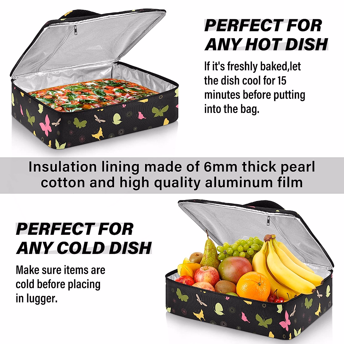 NFMILI Casserole Carrier for Hot and Cold Color Butterfly Silhouette Print, Insulated Food Delivery Bag Reusable Warmer Carrier Bag with Inner Pocket Aesthetic Print 15.75×11.81×3.94 inch