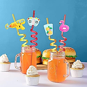 24 Summer Party Favors Reusable Drinking Straws for Kids Beach Pool Summer Birthday Party Supplies Decorations with 2 PCS Cleaning Brushes