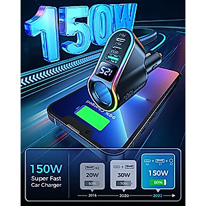 Cigarette Lighter Splitter, 150W 4 in 1 Cigarette Lighter USB Charger 12V Car Charger Adapter, PD3.0 & QC3.0 30W Super Fast USB C Car Charger Compatible with iPhone14 Pro Max/Pro/Samsung/GPS/Dash Cam