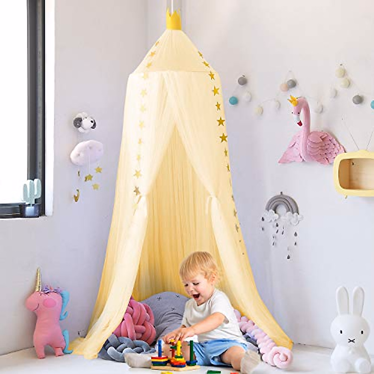 Jolitac Princess Bed Canopy for Girls Room Decor Round Lace Mosquito Net Play Tent Reading Nook Canopies Yarn Girl Dome Netting Castle (Yellow)