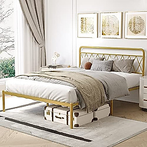 Orweiin Gold Full Size Bed Frame with Headboard, Metal Platform, Full with Under Bed Storage, Heavy Duty, No Box Spring Needed, Easy Assembly, Gold