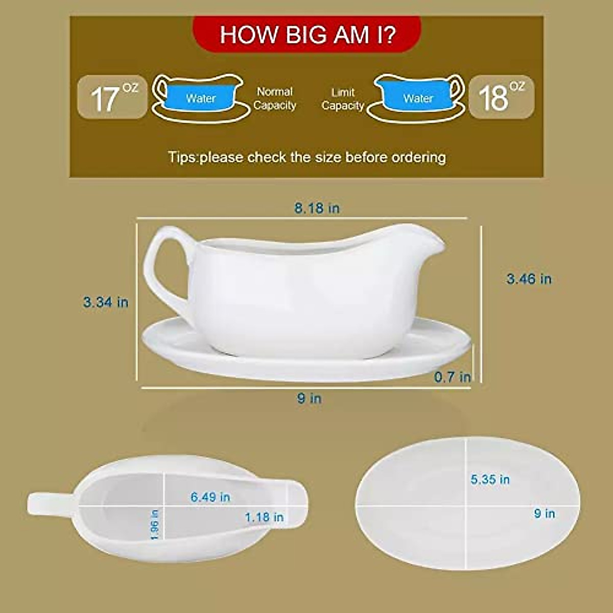 Miecux Gravy Boat wiht Tray, Ceramic Serving Saucer&Dish Dispenser for Sauces, Dressings and Creamer, Large Handle, Microwave and Dishwasher Safe, 17 oz (White)