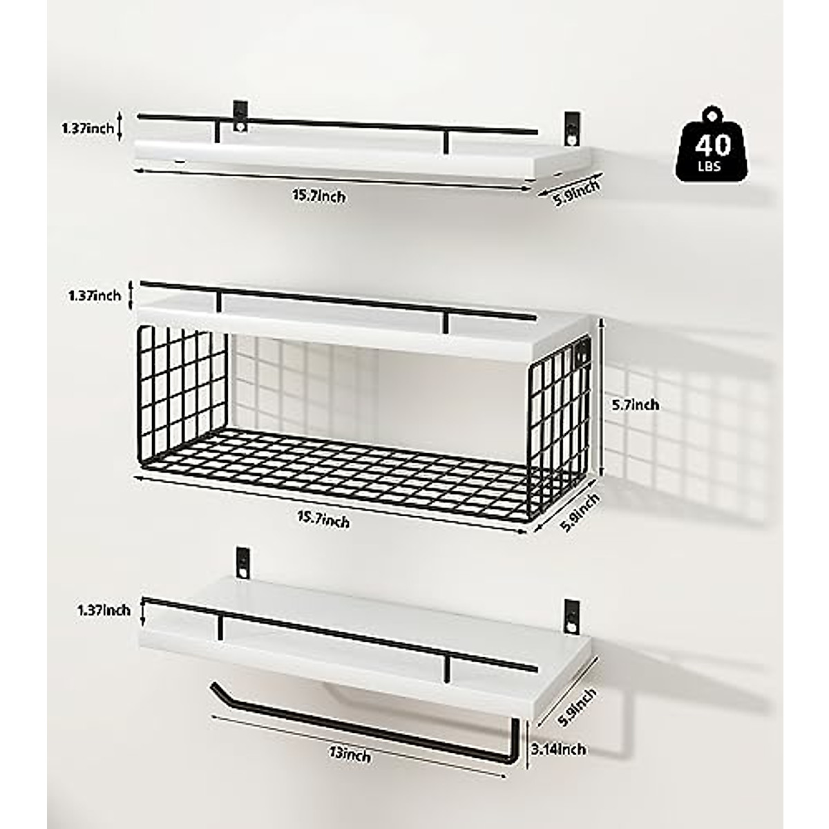 Mefirt Floating Shelves, 3+2 Tier Bathroom Shelves with Paper Towel Holder & Towel Bar, Wood Wall Décor Shelves Over Toilet with Wire Storage Basket & Guardrail, Farmhouse Floating Shelf - White