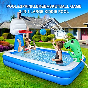 Inflatable Pool, Kiddie Pool with Basketball Hoop and Dinosaur Sprinkler, Swimming Pool for Kids Boys Girls Age 3+ Year Old, Kid Pool for Backyard Water Party