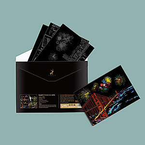 Scratch Painting Kits for Adults & Kids, Rainbow Painting Night View Scratchboard(A4), Crafts Set: 8 Sheets Scratch Cards with 6 tools in Bag - New York, Statue of Liberty, Seattle(America / Europe)
