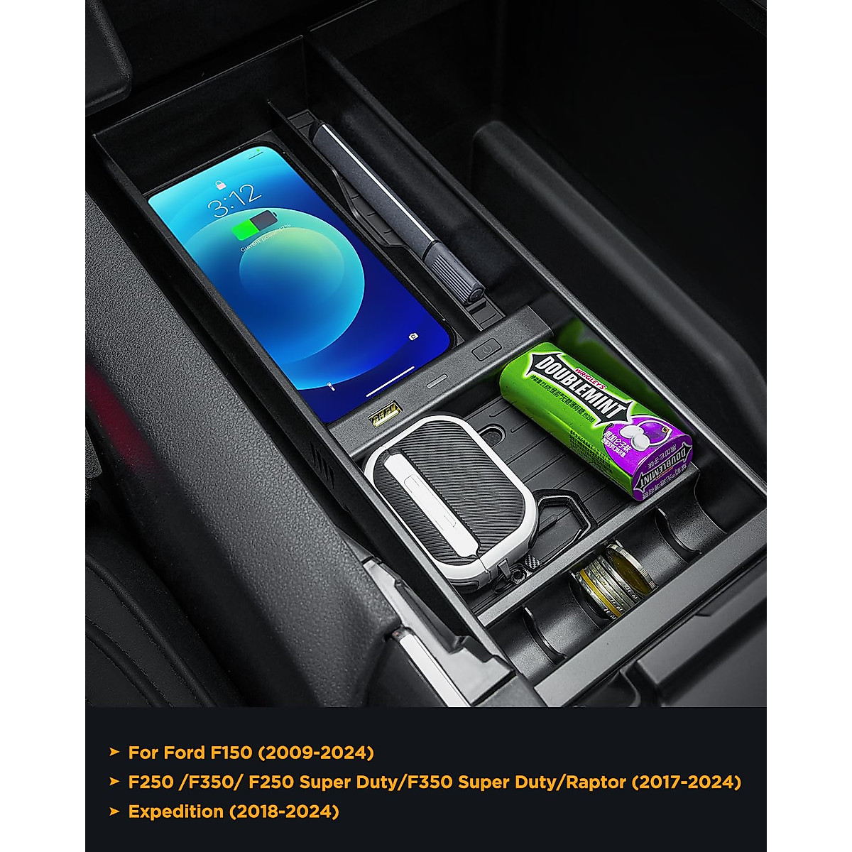 CarQiWireless Wireless Charger for F150 2009-2023 2024, Center Console Organizer Box for Ford F150 Accessories F-150 2009 2010 2011 2012 2013 2014 2015 2016 2017 2018 2019 2020 2021 2022 2023 2024