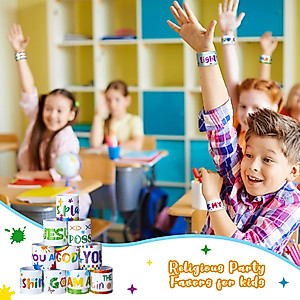 Frienda 60 Pieces Religious Slap Bracelets with Button Pins Jesus Love You Wristbands Jesus Snap Bracelets Christian Badges for Sunday School Supplies Kids Gifts Birthday Party Favors(Religious)