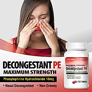HealthA2Z Decongestant PE 300 Counts | Phenylephrine HCl 10 mg | Maximum Strength | Non Drowsy Nasal & Sinus Congestion Relief Due to Cold & Allergies