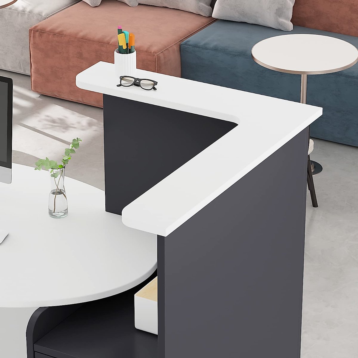 ECACAD Reception Desk with Lockable Drawer and Open Shelves, Office Desk Reception Counter Table, Dark Grey and White (50”W x 22.2”D x 43.3”H)