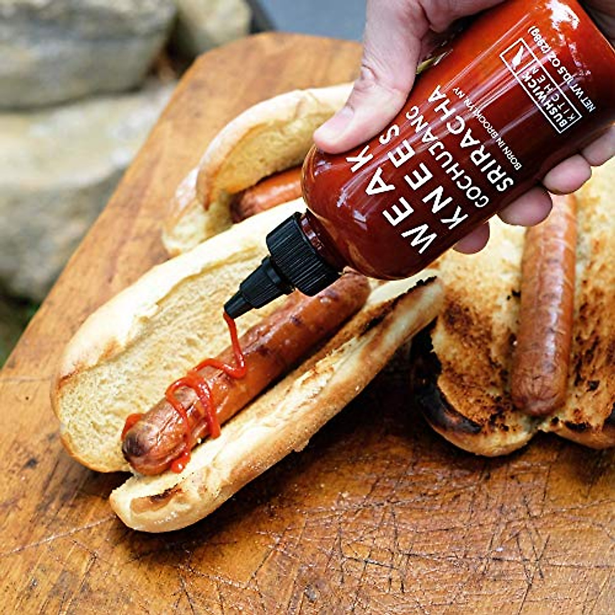 Weak Knees Gochujang Sriracha Hot Sauce | 10.5 oz Easy Squeeze Bottle | Classic Sriracha Chili Sauce mixed with Korean Gochujang Chili Paste | Foodie Gifts, Hot Sauce Gifts, Gifts for Men