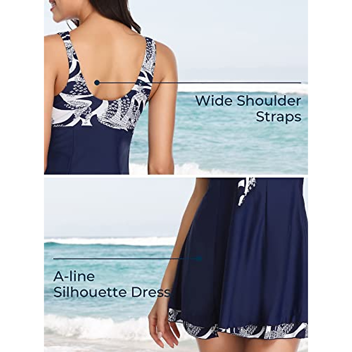 MiYang Women's One Piece High Waist Padded Swim Dress, Navy Flower, Tag Size XL=S (US 4-6)