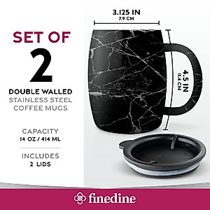 FineDine Double-Wall 18/8 Stainless-Steel Coffee Mugs with Spill-Resistant Lids Insulated Coffee Travel Mug with Comfortable Handle for Hot & Cold Drinks, Shatterproof Coffee Cups, 14 Oz. (Set of 2)