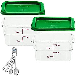 Lumintrail Cambro Polycarbonate Square 2 Quart Food Storage Container, 2 Pack Clear, with 2 Kelly Green Lids, Bundle with a Measuring Spoon Set