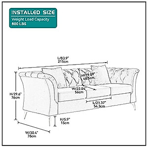 kevinplus 84'' Chesterfield Sofa Couch for Living Room, Modern Velvet 3-Seat Upholstered Sofa Couch for Apartment Bedroom Dorm Office, Strong Gold Metal Legs, 2 Pillows, Black