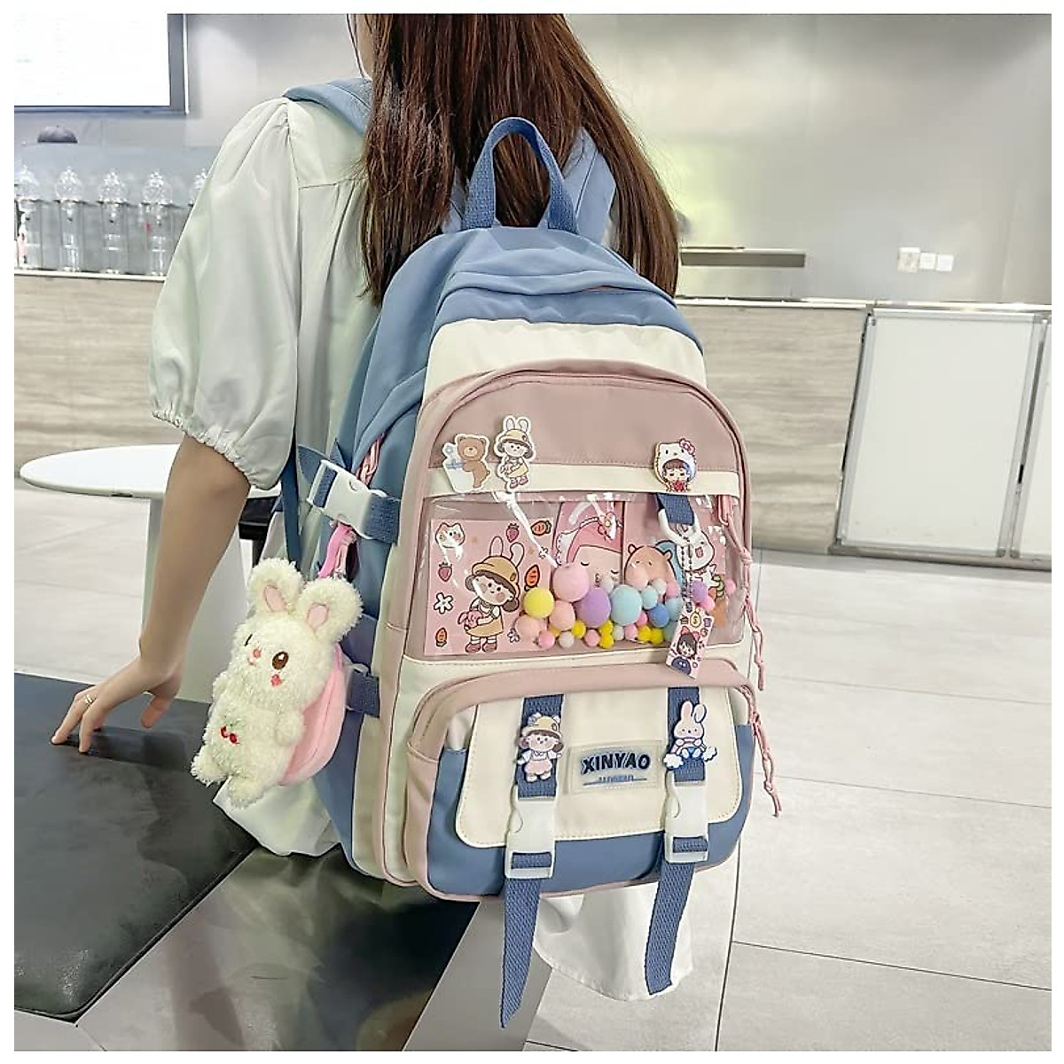 vfdgsaz Cute Kawaii Backpack with cute card plush pendant,Lovely Pastel Rucksack,Aesthetic backpack for girls and teens (blue,one size)