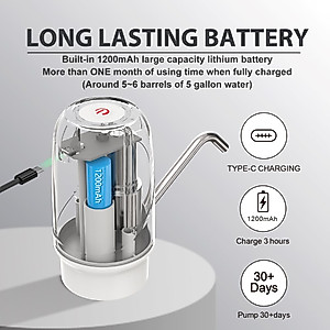 Rechargeable Water Bottle Pump, 5 Gallon Water Jug Dispenser Pump with USB Charging, Portable Automatic Water Dispenser for 5 Gallon Bottle, Ideal for Home,Office, Camping(Black)