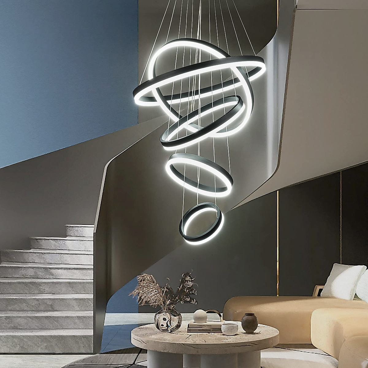 zhllmq Modern LED Chandelier Lighting 5 Rings Black Chandelier Contemporary Ceiling Pendant Light Fixture for Staircase Foyer High Ceiling Living Room 6000K Cool White