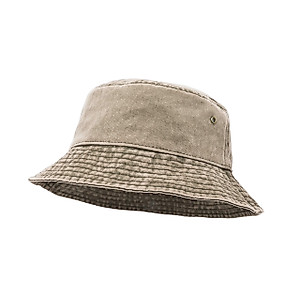Bucket Hat, Wide Brim Washed Denim Cotton Outdoor Sun Hat Flat Top Cap for Fishing Hiking Beach Sports Khaki