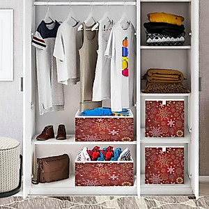 Christmas Red Gold and White Snowflakes Closet Organizers Storage Cubes Storage Bins Shelf Baskets Containers for Home Room Office,Square