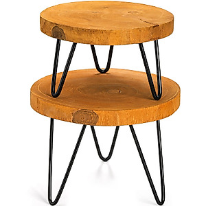 DEAYOU 2 Pack Small Wood Display Stand, 10"/ 8" Round Wooden Cupcake Pedestal, Paulownia Wood Slice Stand with Metal Leg for Plants, Rustic Wedding Cake Holder Slab Tray for Decor, Flower Pots, Table