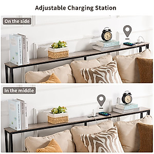 ELYKEN 5.9" Narrow Console Sofa Table with Power Outlets, 5.9" Dx70.9 Wx31.5 H Long Skinny Behind Couch Table with Charge Station and 6.5'Extension Cord, White Oak