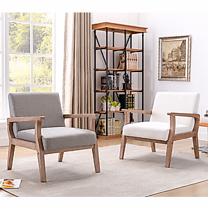 BESTANO Mid Century Modern Accent Chair, Linen Upholstered Living Room Accent Armchair with Wood Frame, Farmhouse Chair Indoor Corner Chair for Living Room Bedroom, Ivory