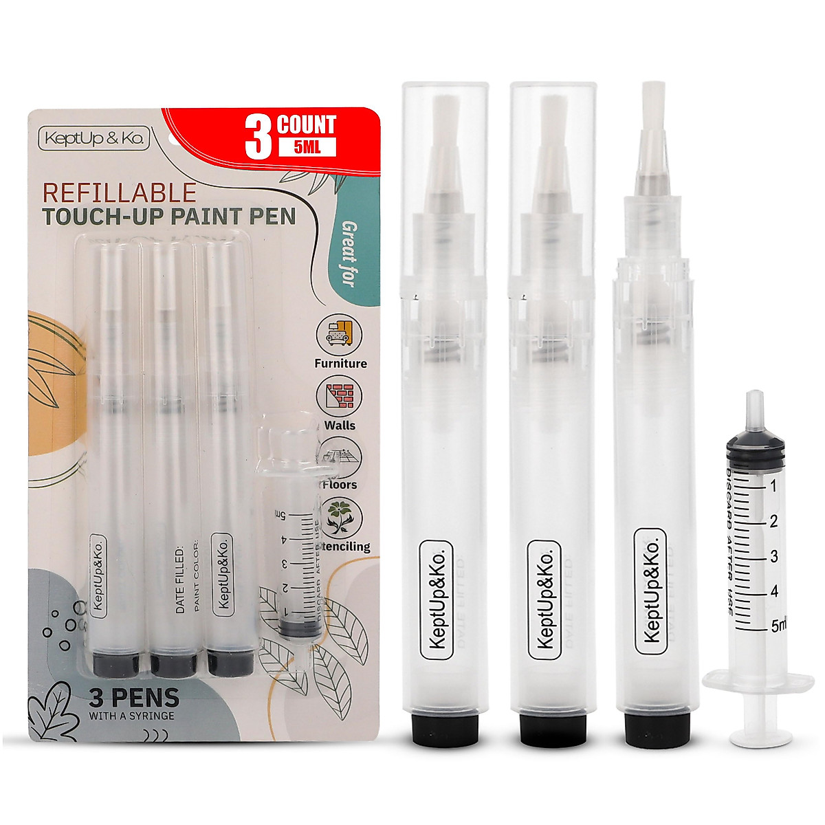 Paint Touch Up Pens Refillable - 5ml Touch Up Paint Pens for Walls | Pack of 3 Touch Up Paint Pen | Refillable Paint Pen for Touch Ups | Cabinet Touch Up Paint |Perfect Paint Touch Up Pen with Syringe