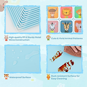 Costzon Kids Closet, Cartoon DIY Modular Dresser Storage Organizer with 12 Cubes & 2 Clothes Hanging Rack, Portable Armoire for Baby Toddlers, Kids Wardrobe for Bedroom Nursery (Blue)