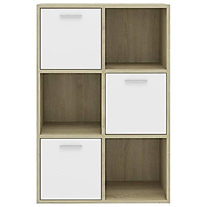 GOLINPEILO Bookcase Storage Organizer Cabinet with 3 Open Cubes and 3 Cubes with Doors, Open Sideboard Bookshelf, Modern Storage Display Cabinet, 23.6"x11.6"x35.4", White and Sonoma Oak