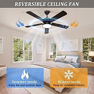 Ohniyou Outdoor Ceiling Fan for Patio with Light, 52" Farmhouse Ceiling Fans Lights and Remote,Modern Black, for Living Room Bedroom Dining Room Kitchen