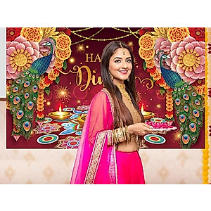 Happy Diwali Backdrop Banner, Indian Diwali Decorations for Home, Diwali Party Supplies Photography Background, Diwali Peacock Banner Wall Hanging for Diwali Party Decorations
