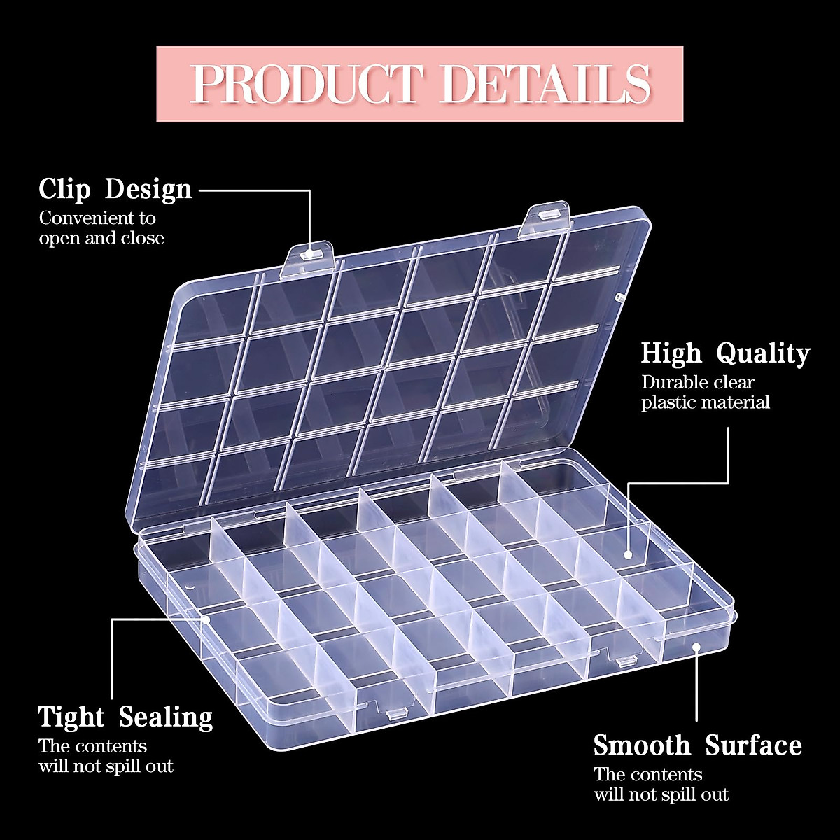 Menkxi 24 Pcs Plastic Organizer Box with Fixed Dividers 24 Grids Small Clear Storage Organizer Reusable Jewelry Bead Organizer Tackle Box Container for Bead DIY Craft Fishing Tackle Small Items