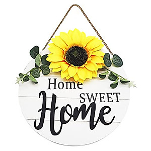 Sunflower Wreaths for Front Door Fall Wreaths Sunflower Door Wreaths Wooden 3D Handmade Home Sweet Home Sign Farmhouse Decor for Outdoor Indoor Wall, Summer Gifts, 11.5"(White and Yellow)