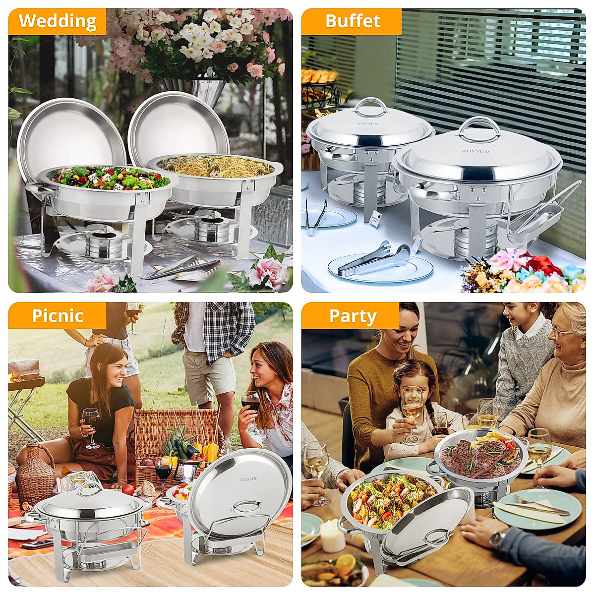 ROVSUN 5 Qt 4 Pack Chafing Dish Buffet Set,NSF Stainless Steel Round Chafers for Catering, Buffet Servers and Warmers Set with Lid Holder & Drip Tray for Wedding Party Banquet Graduation