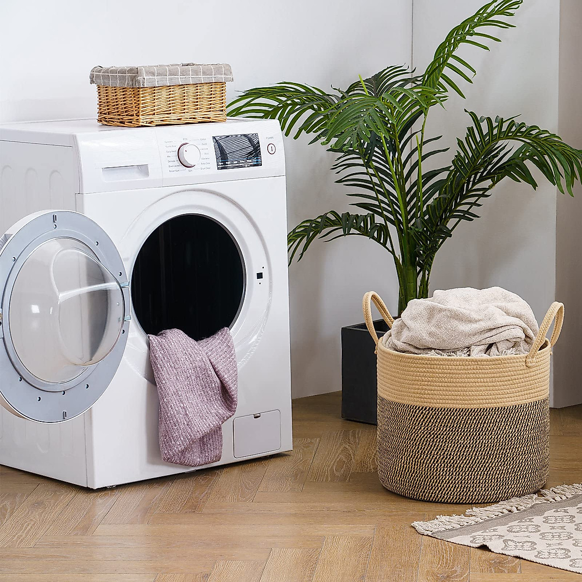 YOUDENOVA Blanket Basket Hamper for Living Room, Decorative Wicker Rope Basket for Blankets with Handles, Small Round Woven Laundry Basket, Cute Jute Hamper for Baby, Bedroom, Brown, 16" W × 14"L…