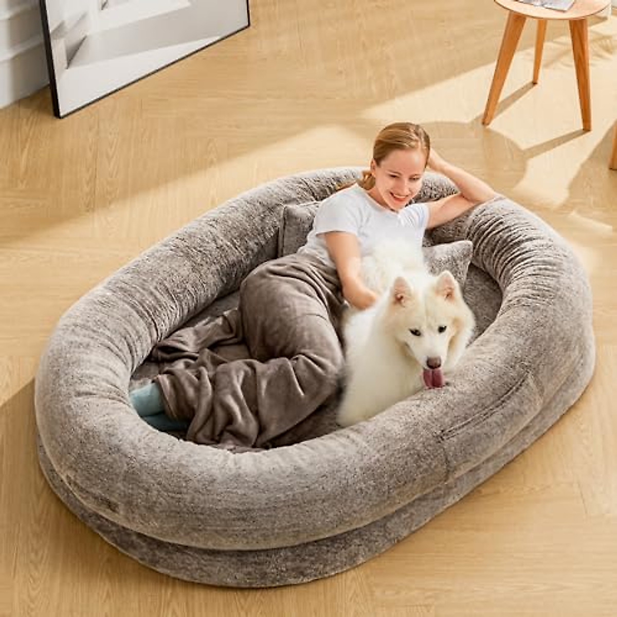 Human Size Dog Bed - 71''x47''x12.5'', Washable Faux Fur, Orthopedic, Plump Pillow, Blanket, Brown