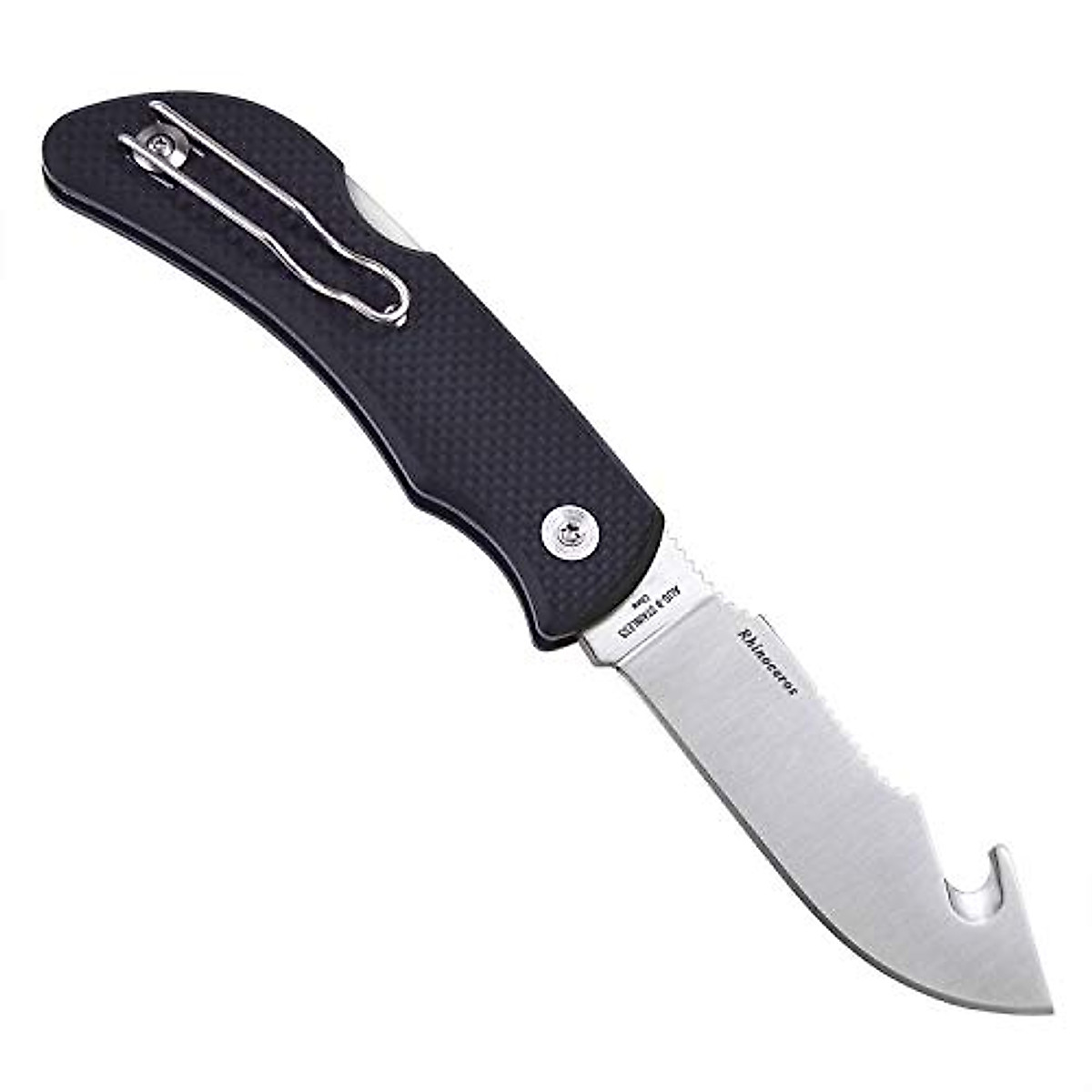 TONIFE Rhinoceros Grip Hook Folding Skinning Hunting Knife with Aus-8 Stainless, Camping Pocket Knife with G10 Handle Pocketclip (black)