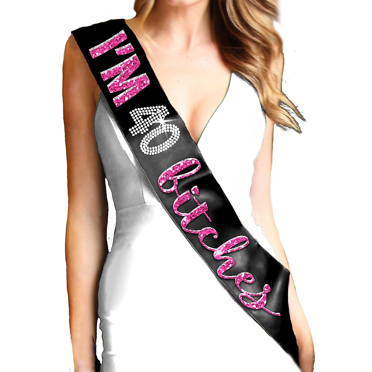 40th Birthday Decorations - Premium GRADE SATIN Hot Pink Glitter with Rhinestones I'm 40 Bitches Premium Satin Sash - Birthday Gifts - Black Sash(Im40Btchs HP) BLK