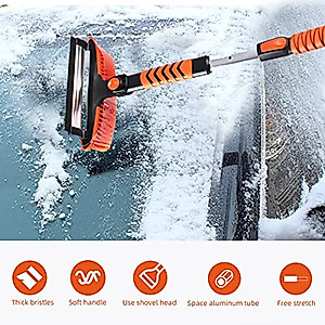43.3" Car Snow Brush Ice Scraper Extendable for Windshield 5 in 1 Snow Scrapers Removal Shovel with Squeegee Foam Grip 360° Pivoting Brush Head for Car Truck SUV