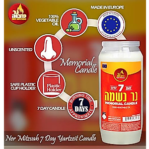 Ner Mitzvah 7 Day Yartzeit Candle - Kosher Yahrtzeit Memorial and Yom Kippur Candle in Plastic Holder