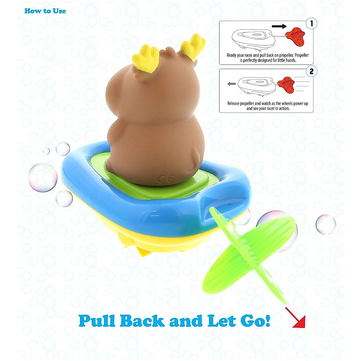 Dollibu Boat Racer Buddy, Fun Educational Bath Toy Finger Puppet Pull and Go Water Racing Woodland Pal for Shower Pool Bathtub Swim Hard Surface for Baby Toddler and Boy - 6 Inch - 3 in 1 Game - Moose