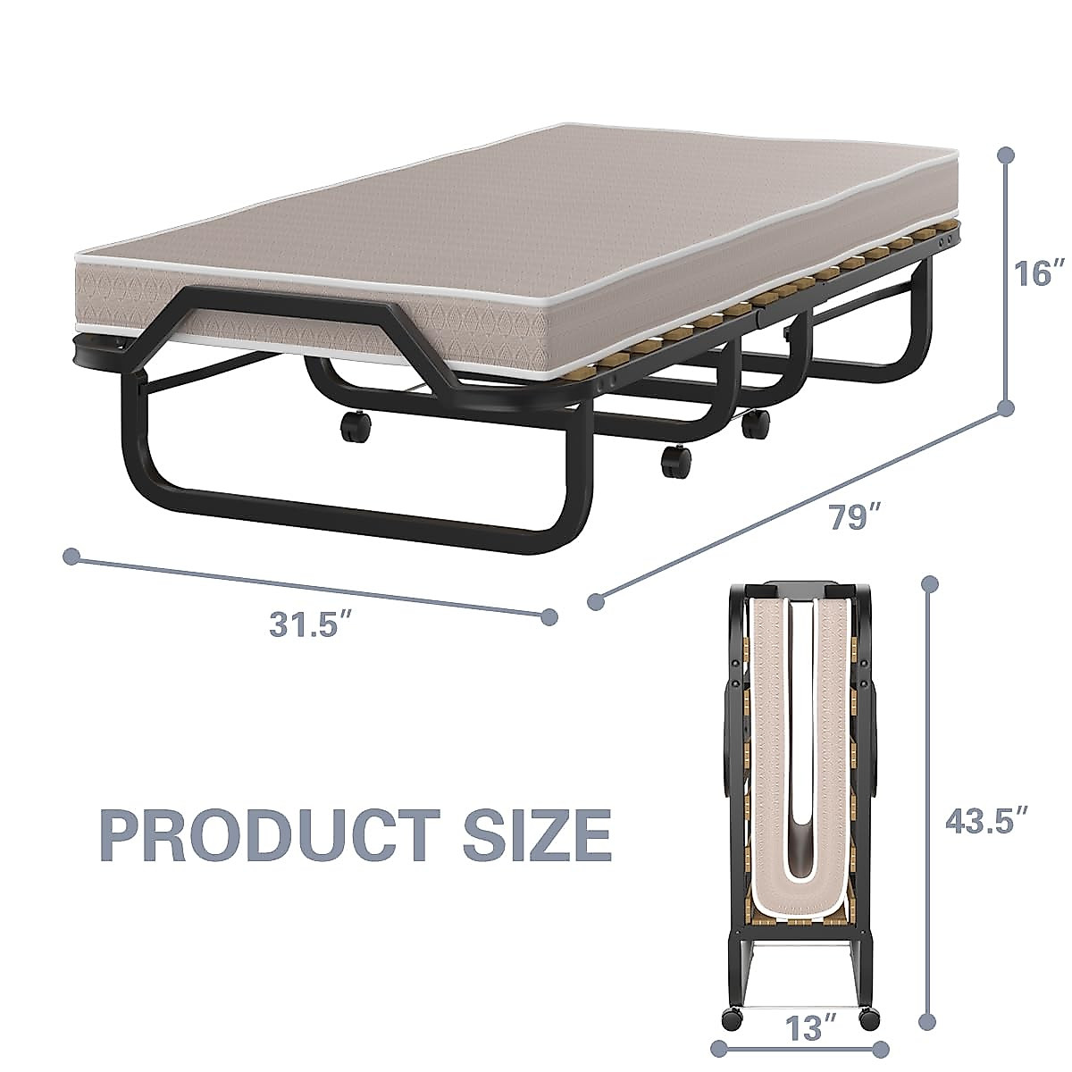KOMFOTT Folding Bed with 4” Mattress, Foldable Rollaway Bed with Memory Foam Mattress for Adults, Portable Fold Up Guest Bed with Sturdy Steel Frame on Wheels, Made in Italy