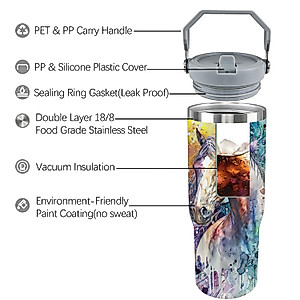 Unyopsa Horse Tumbler with Lid and Straw Stainless Steel Tumblers 30 Oz Insulated Horse Water Bottle Tie Dye Cup Mug with Handle Horse Gifts for Women Men Gift for Girls Horse Lovers