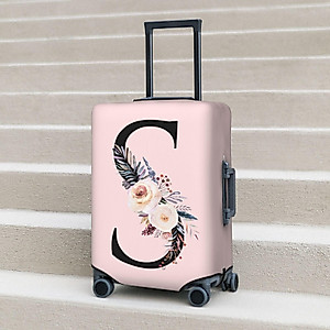 Elastic Travel Luggage Cover Cute Pink Suitcase Protector Bag,Black Letter S With Boho Floral Flowers Leaves Anti-Scratch,Dust-Proof Washable Suitcase Sleeve For Kid Adult,L (For 25-28 Inch Luggage)