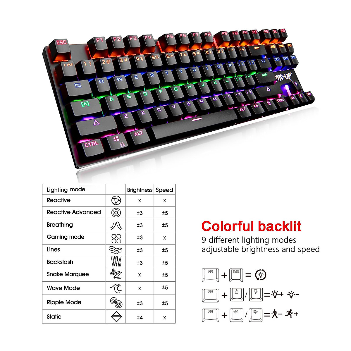 ONE-UP G300 LED Rainbow Backlit Mechanical Game Keyboard, Aluminum Alloy Cover, 87 Key Game Keyboard, Blue Switch, Suitable for PC Games (Black)