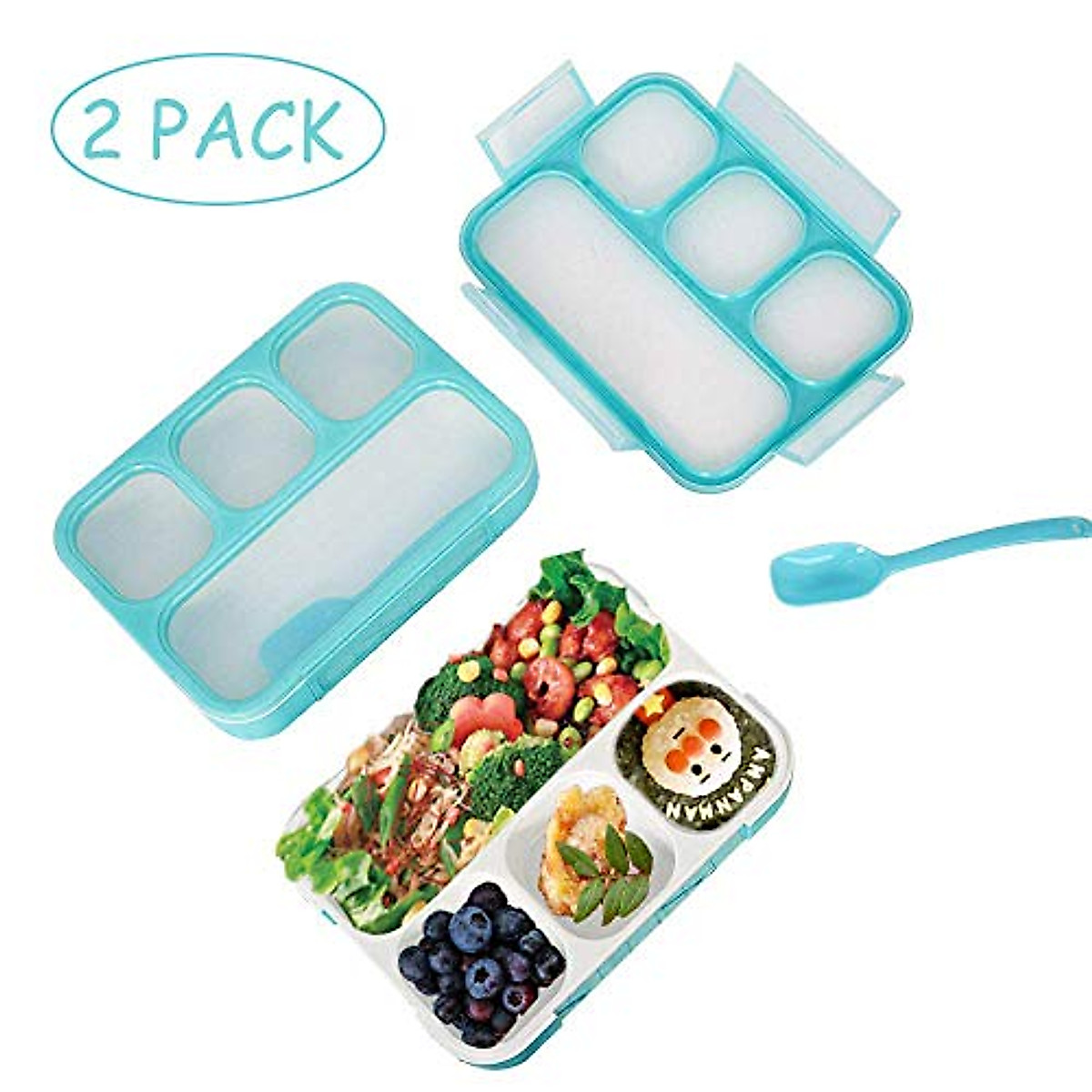 Dporticus 2 Pack Plastic Portable 4 Compartments Leak-proof Bento Lunch Box with Spoon for Adults BPA Free Microwave Safe,Blue