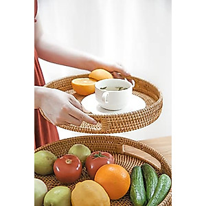 HITOMEN Hand-Woven Round Rattan Serving Tray Decorative Wicker Trays with Handles for Coffee Table