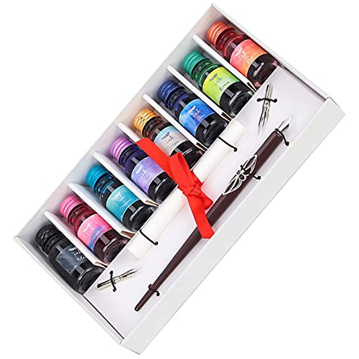 Bewinner Ink Glass Dip Pen Set, Wooden Calligraphy Ink Pen, 8-Color Ink Pen Gift Box Packaging with Replaceable Nib
